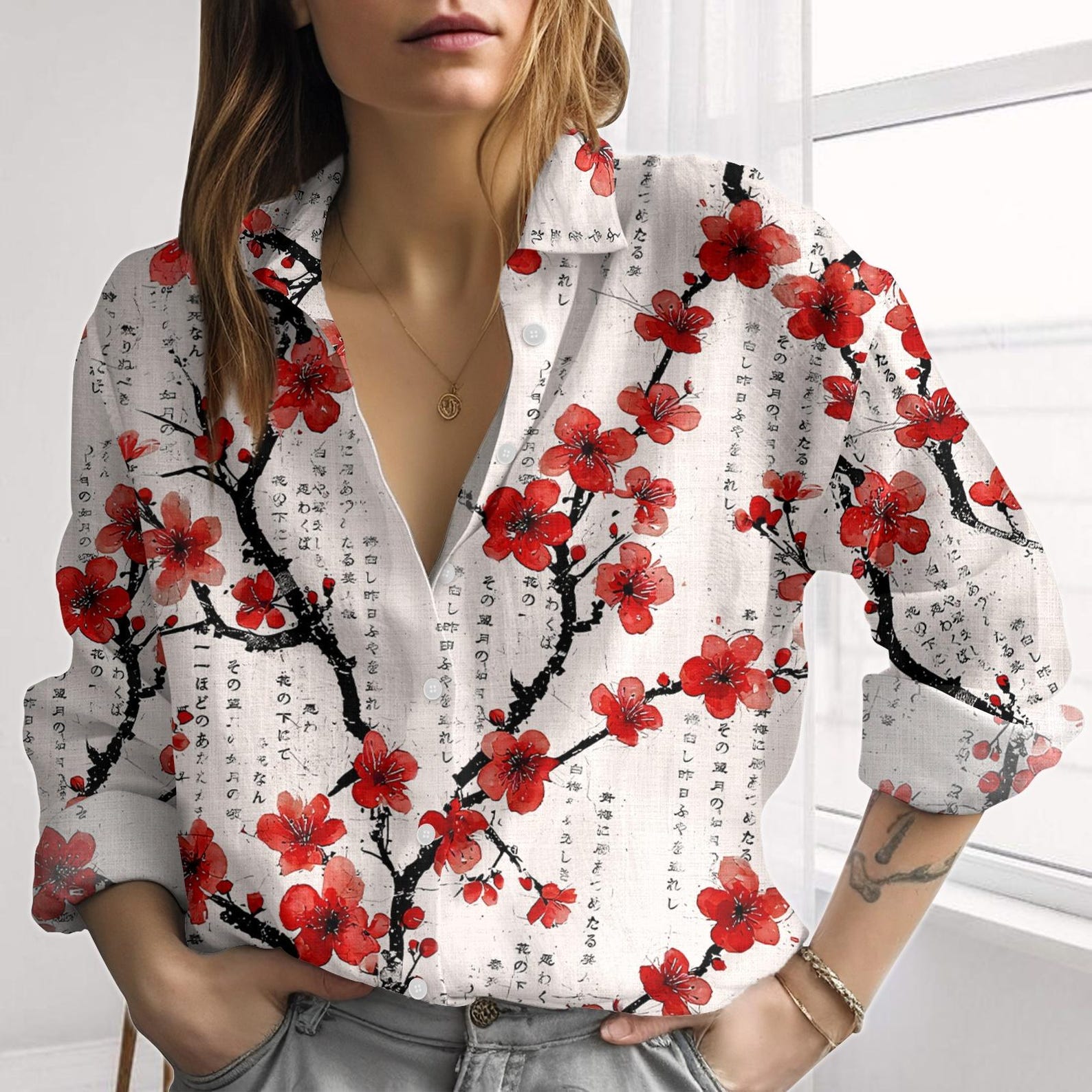 Cherry Blossom Japanese Blouse Shirt, Floral Flower Women Shirt, Asian ...