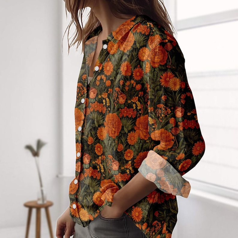 Vintage Fall Floral Linen-look Shirt, Orange Autumn Flowers Blouse ...