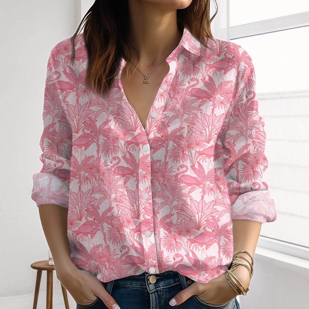 Flamingo Floral Linen-look Shirt, Pink Flamingo Women Shirt, Tropical ...