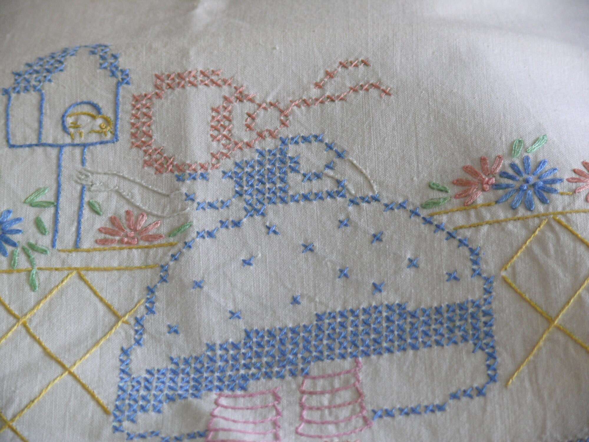 Hand Embroidered Vintage Cross Stitch Pillowcases - Sunbonnet Girl ...