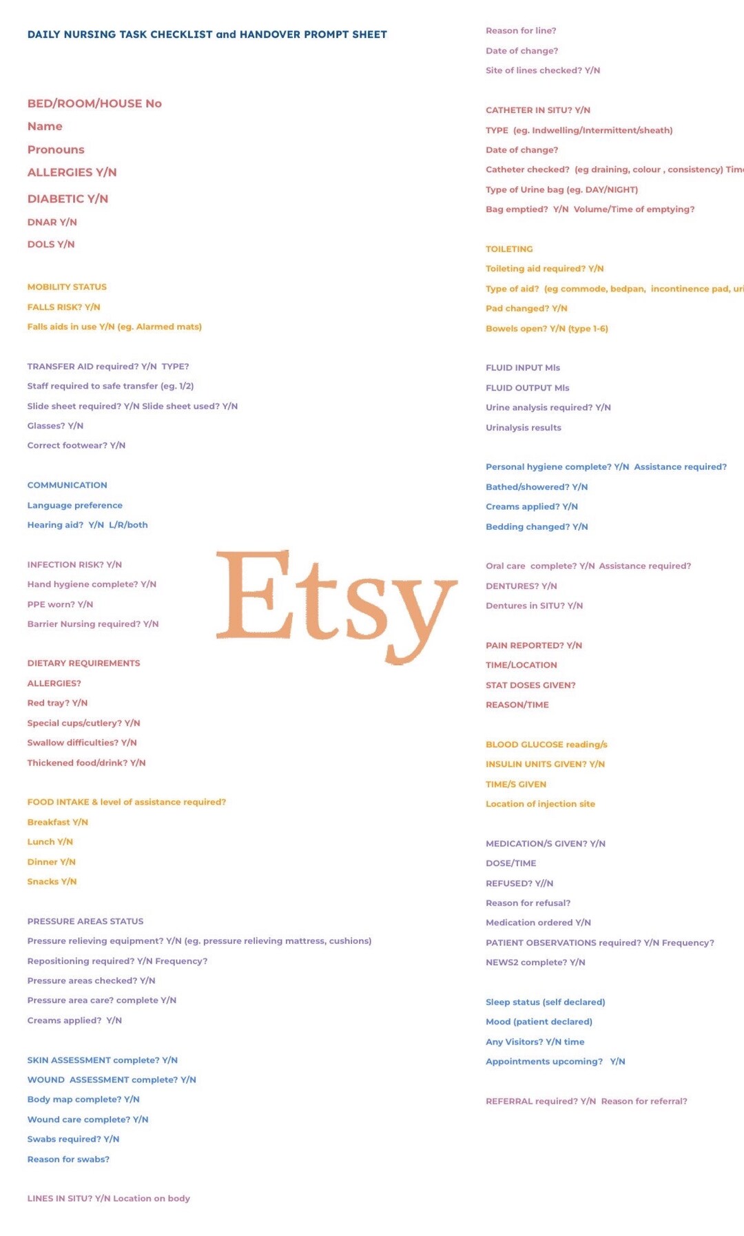 NURSING ESSENTIAL Coloured Daily One Patient Checklist and Handover ...