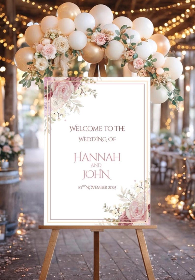 Pink Rose Floral Wedding Welcome Sign Template - Rustic Roses (editable ...
