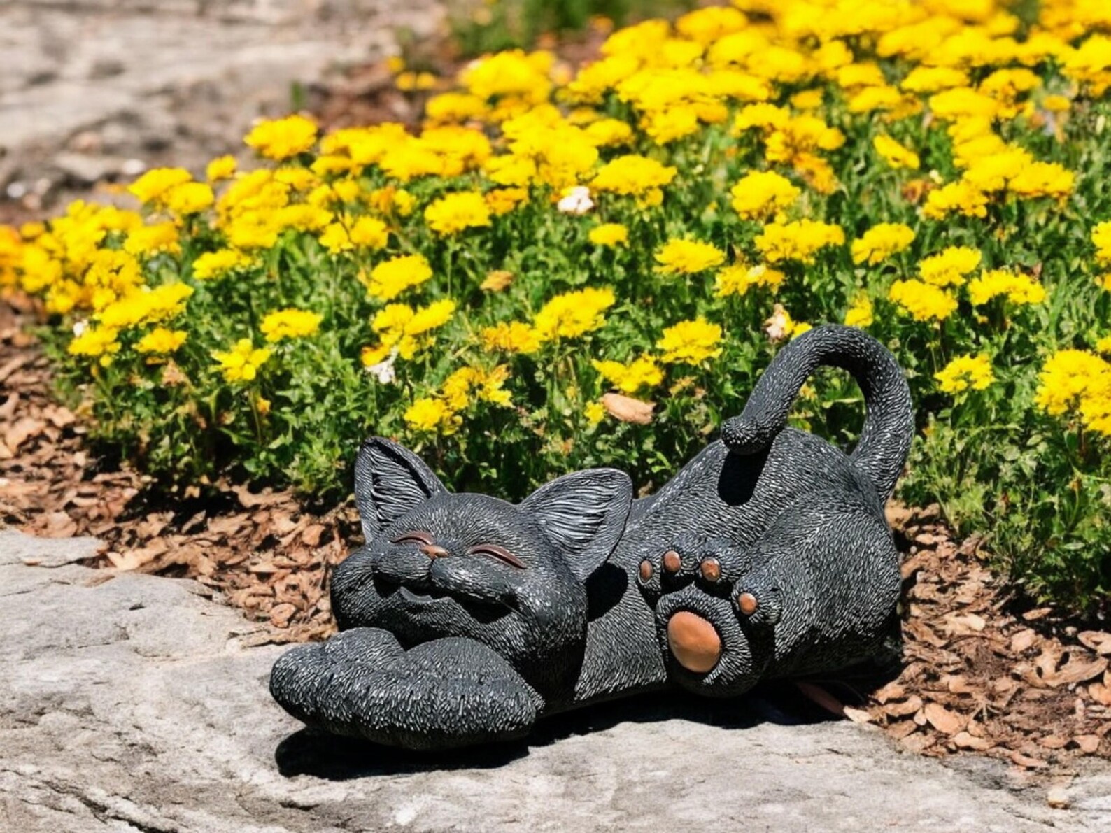 Happy Cat Garden Statue Whimsical Lounging Figurine Handmade Resin ...