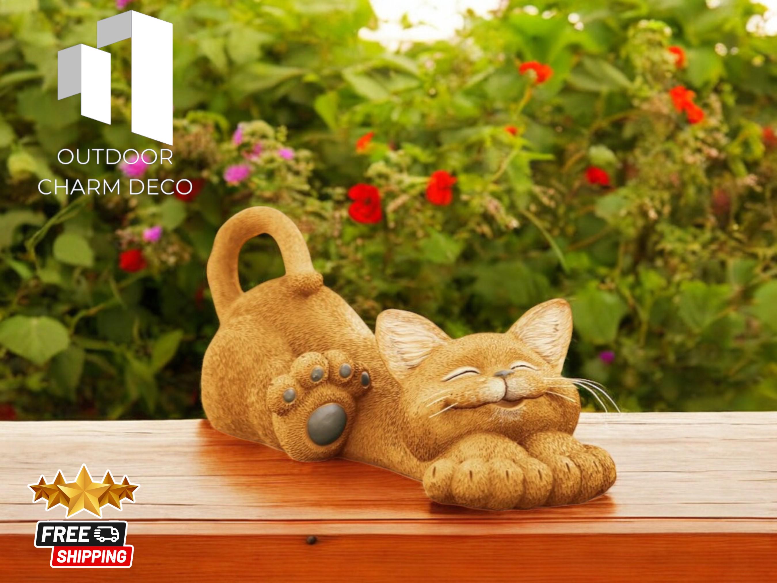 Happy Cat Garden Statue Whimsical Lounging Figurine Handmade Resin ...