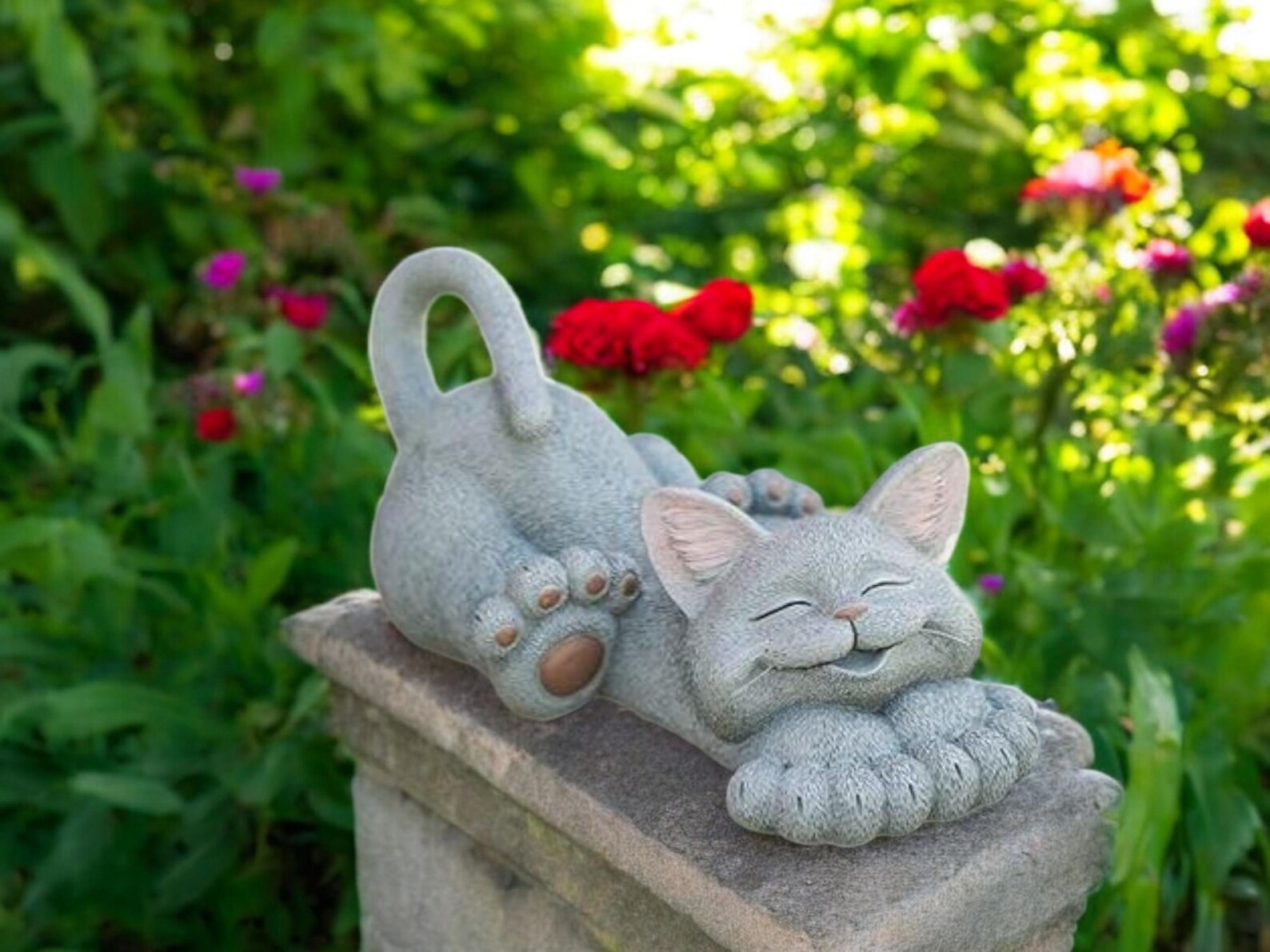 Happy Cat Garden Statue Whimsical Lounging Figurine Handmade Resin ...