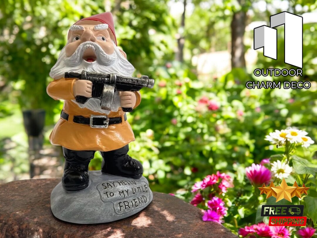 Armed Gnome Resin Statue | Whimsical Garden Lawn Ornament | Unique ...