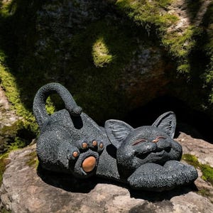 Happy Cat Garden Statue Whimsical Lounging Figurine Handmade Resin ...