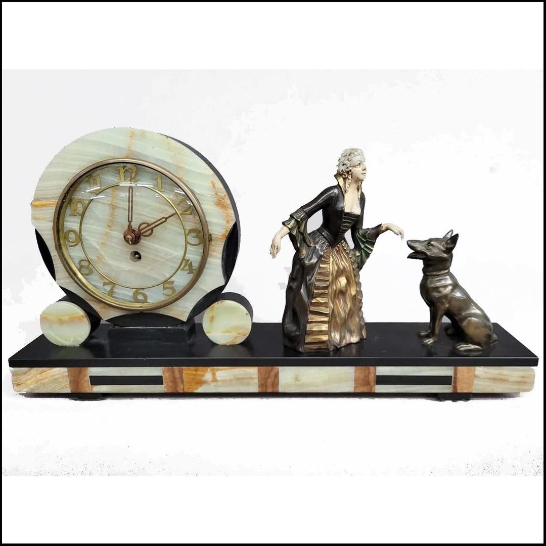 Art Deco Mantel Clock With Woman Petting Dog. in the Style of Chiparus ...