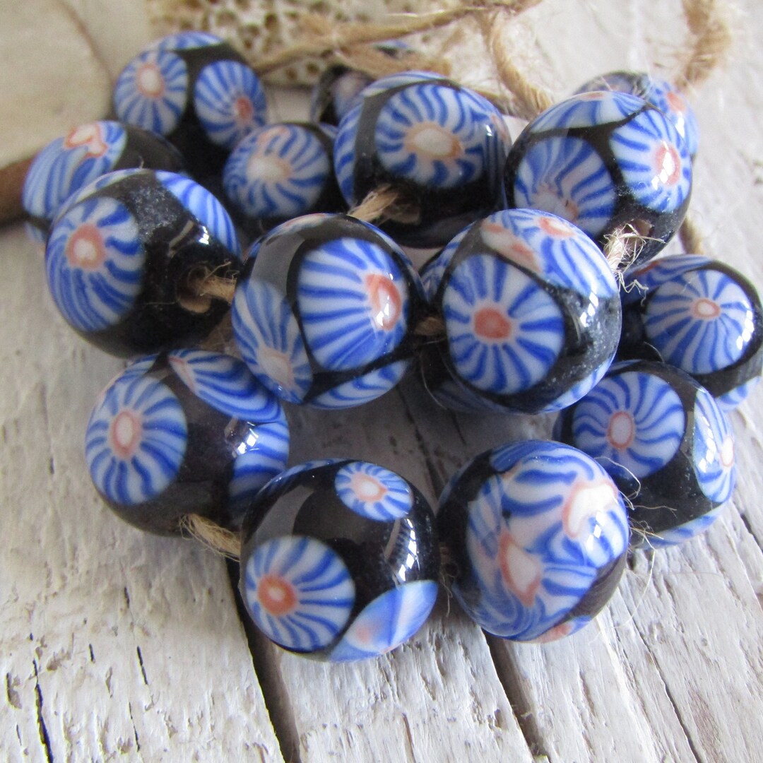 Black Blue Round Glass Beads, Ethnic Patterned Millefiori, Java ...