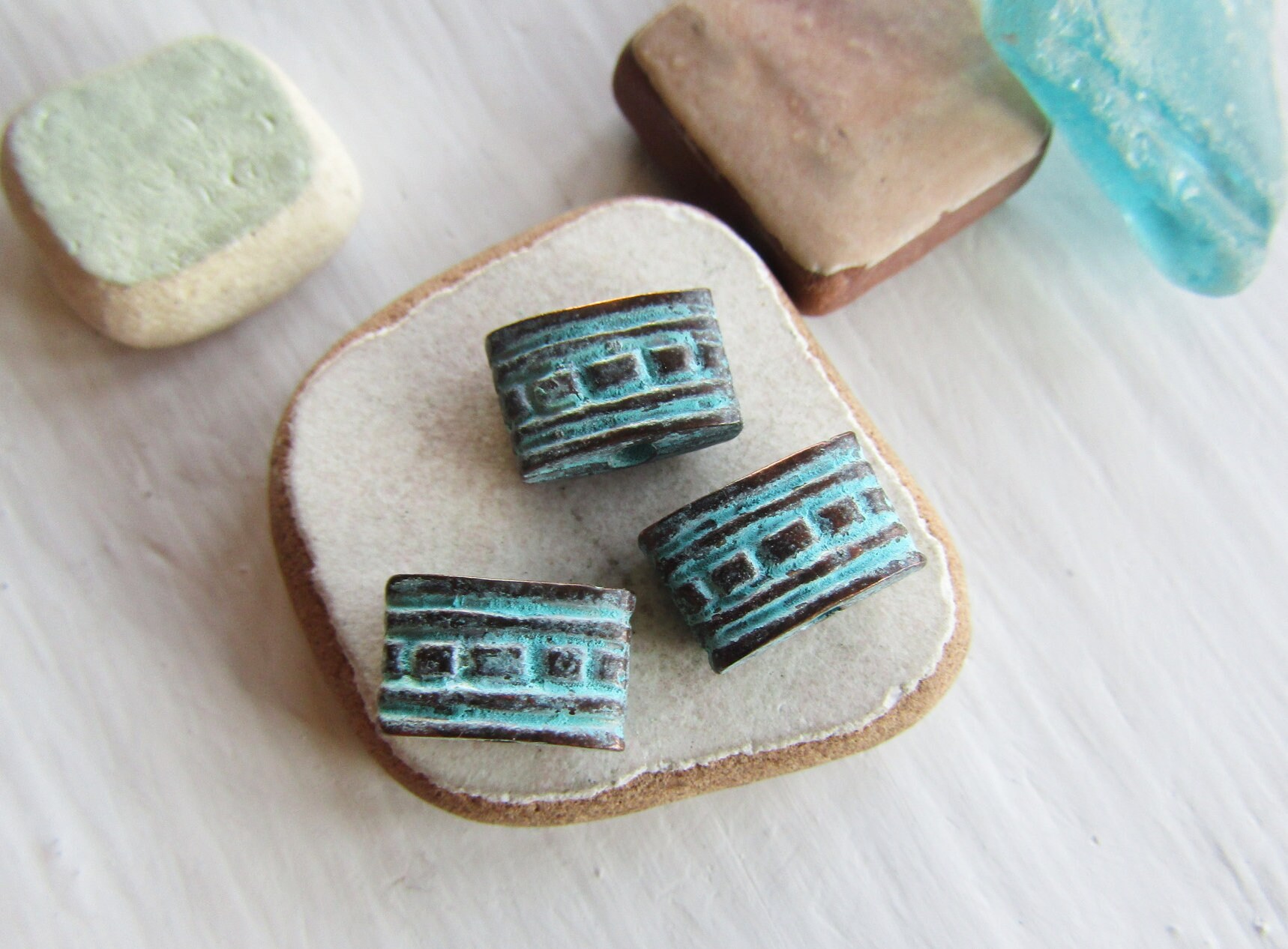 Flat rectangle metal bead rustic ethnic with pattern green | Etsy