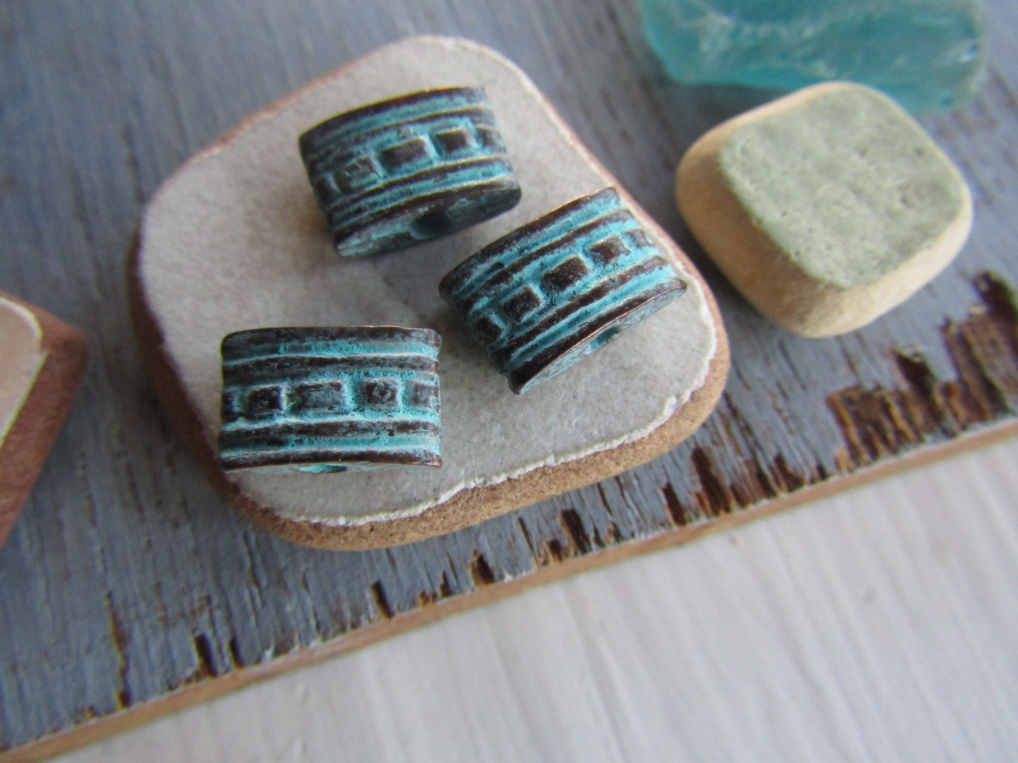 Flat rectangle metal bead rustic ethnic with pattern green | Etsy