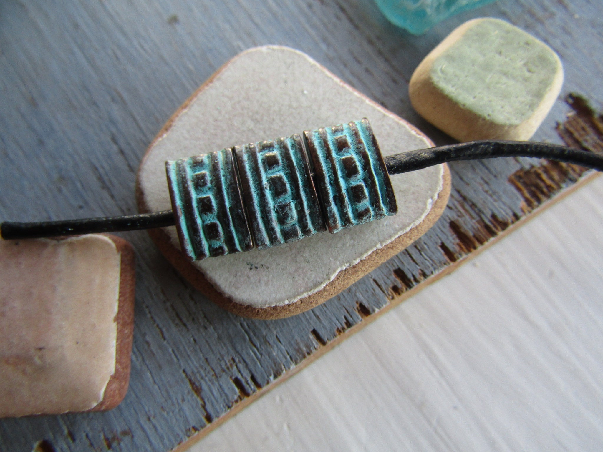 Flat rectangle metal bead rustic ethnic with pattern green | Etsy