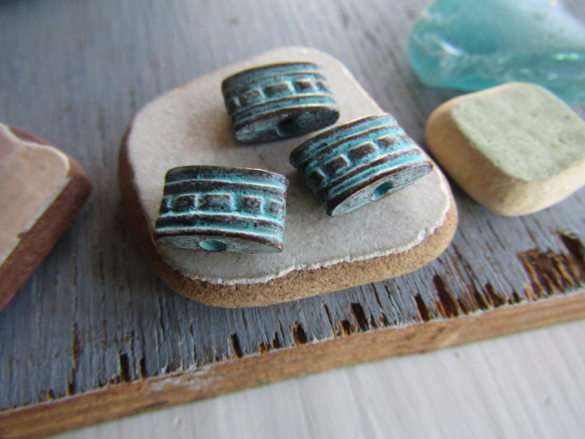 Flat Rectangle Metal Bead Rustic Ethnic With Pattern Green - Etsy