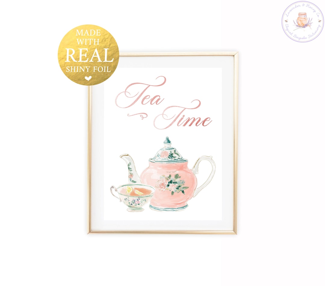 Tea Time Wall Art, Kitchen Wall Art, Teacup Art Print, Custom Gold Foil ...