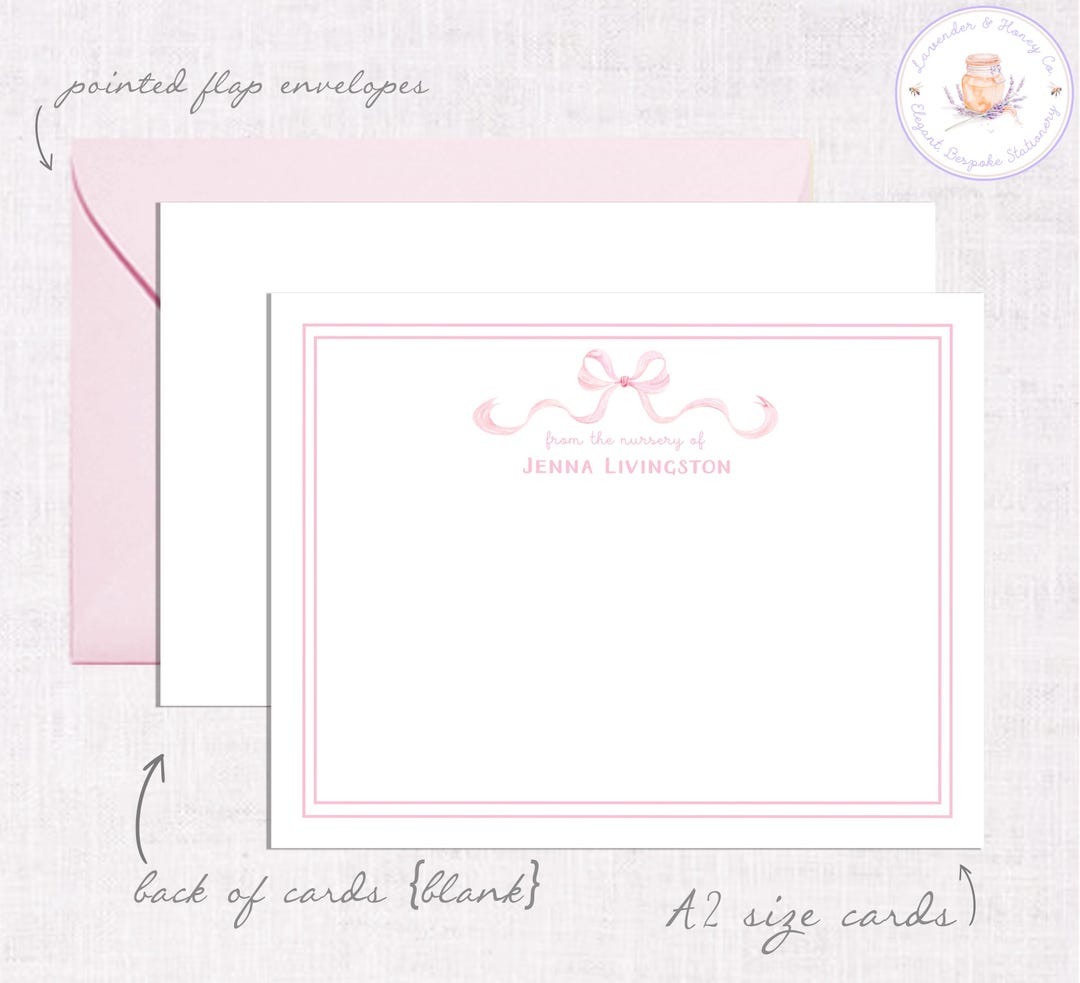 Personalized Pink Bow Baby Shower Notecards, From the Nursery of ...