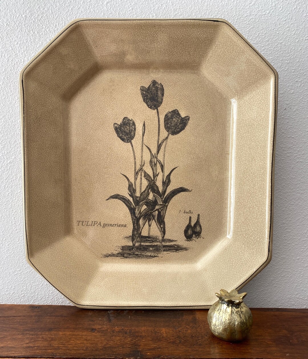 Vintage Heavy Ceramic Platter With Crackle Finish and Blue Tulip Design ...
