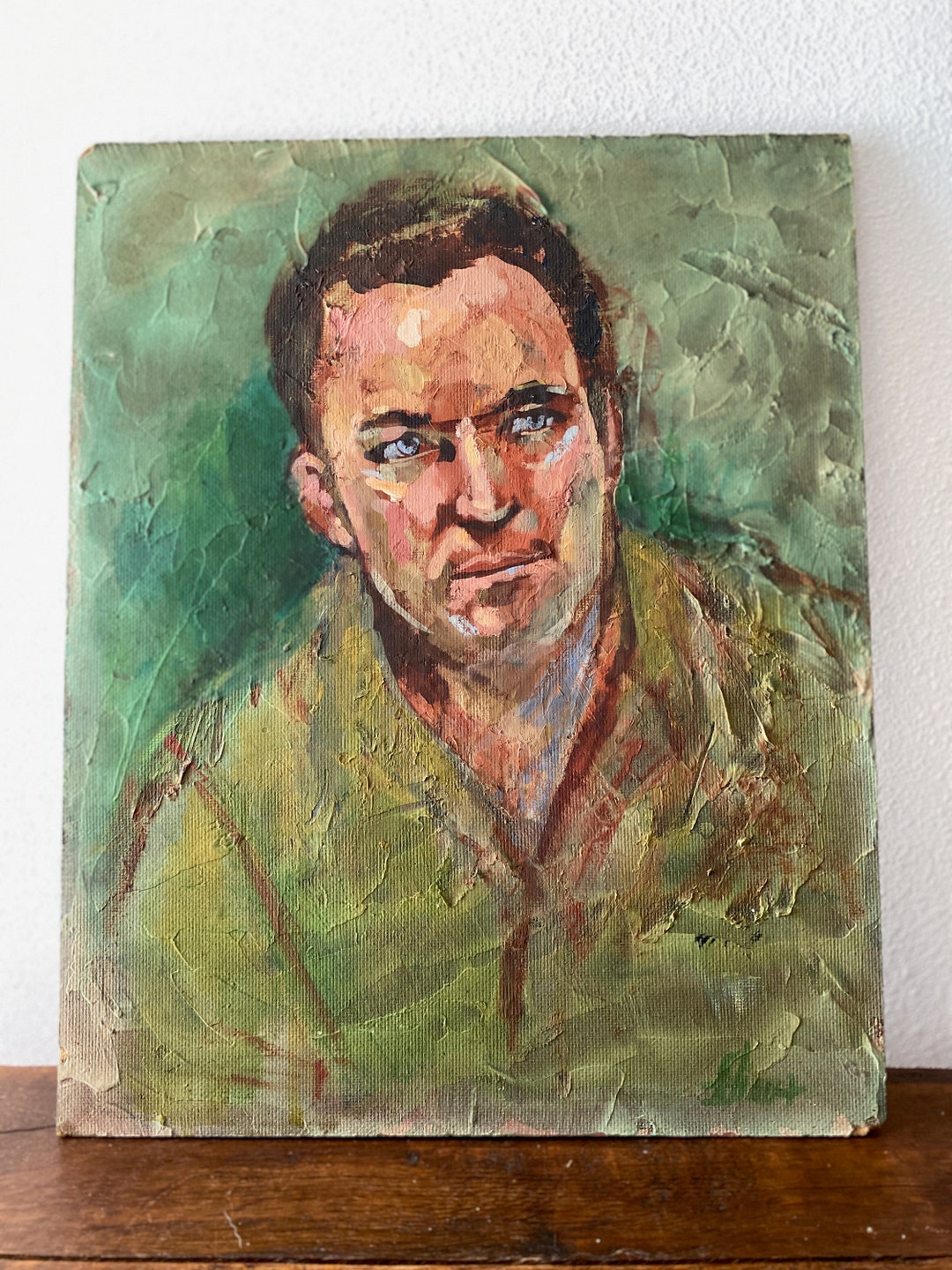 Vintage Impasto Oil Painting Portrait of Man With Blue Eyes Green ...