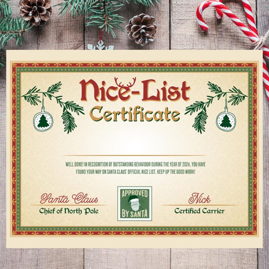 Printable Nice List Certificate, Santa Letter Digital Download Santa's ...