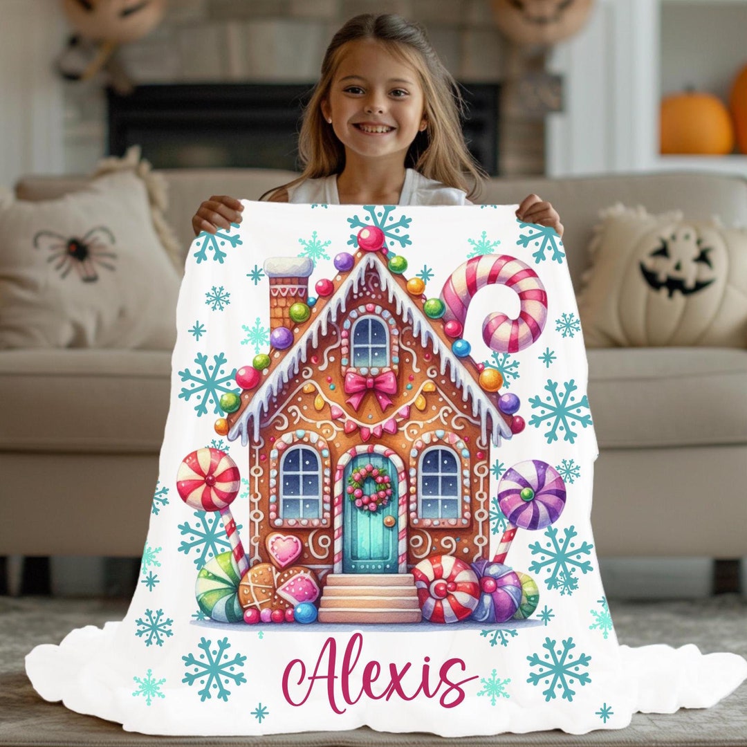 Kid's Christmas Blanket, Kid's Gingerbread House Blanket, Personalized ...