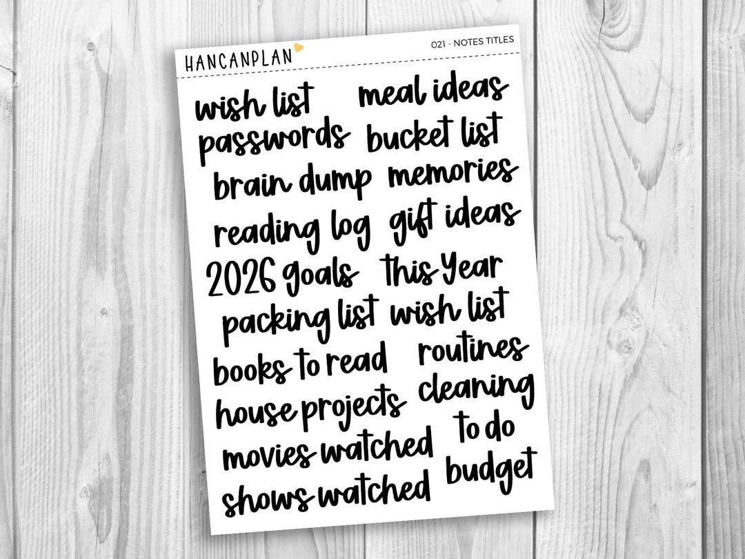 021 - Notes Page Title Stickers – Planner Stickers, Black and White ...