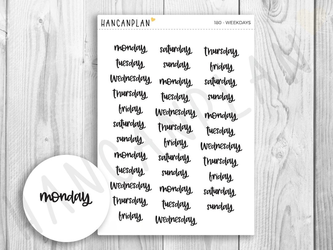 180 - Weekday Script 1 Stickers | Planner Stickers | Hand Lettered by ...