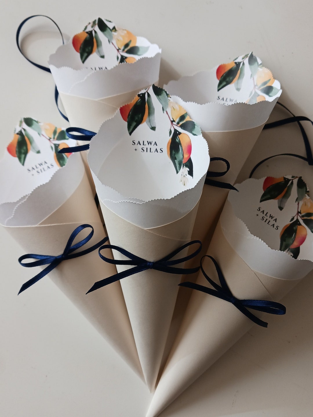 Wedding Cones With Ribbon, Custom Colors, Foil for Petal Toss, Confetti ...