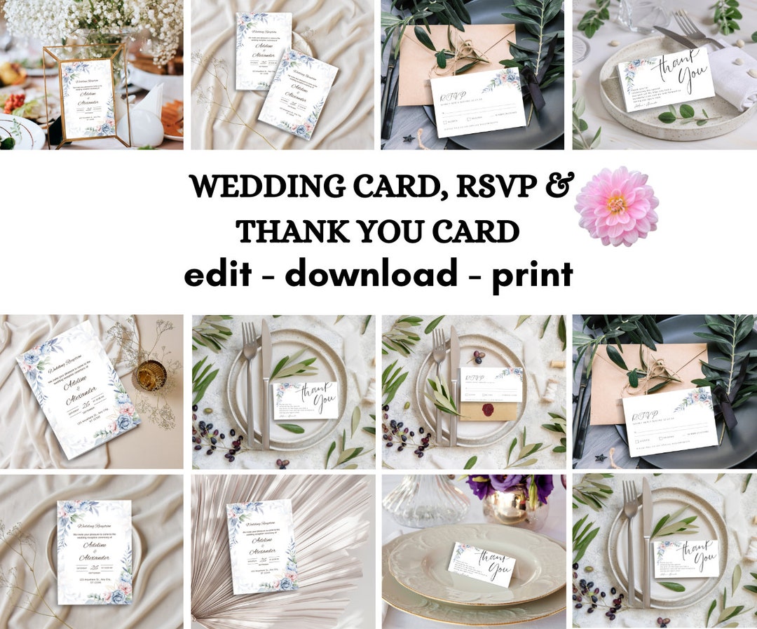 Blue and White Floral Wedding Cards Set, Reception Card RSVP Thank You ...