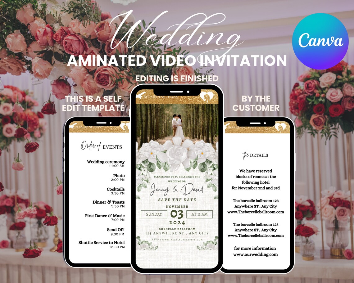 White and Gold Simple Floral Wedding Invitation, Personalized Animated ...
