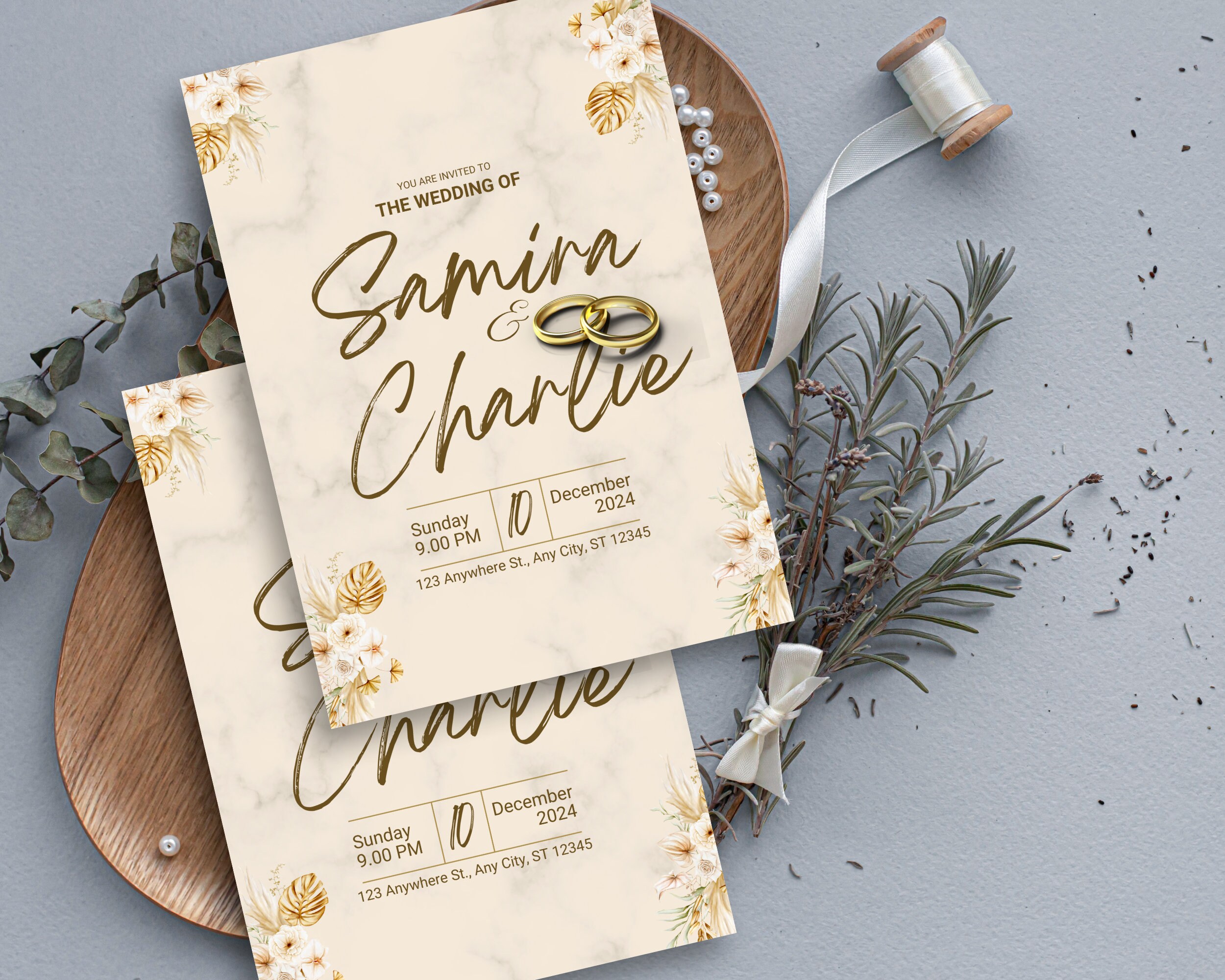 Beige Elegant Wedding Invitation Card Set, Thank You Card, RSVP Card ...