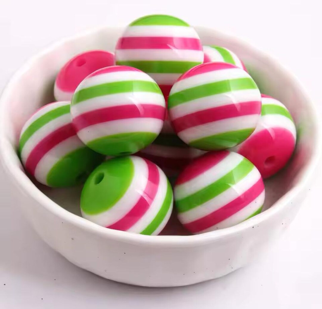 20mm Watermelon Stripe Chunky Beads, Pink White and Green, Summer Beads ...