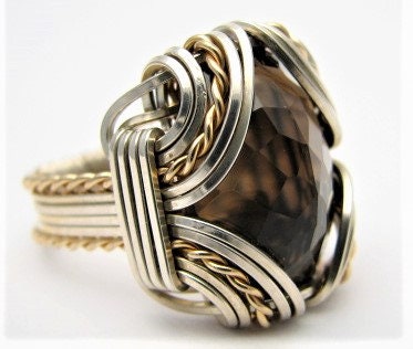 Vintage Wire Wrap Two Tone Sterling Silver/14kt Gold Smoky Quartz Ring ...