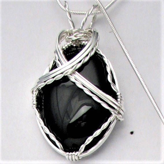 Handmade Solid Sterling Silver Wire Wrap Black Onyx Pendant Great Gift Idea
