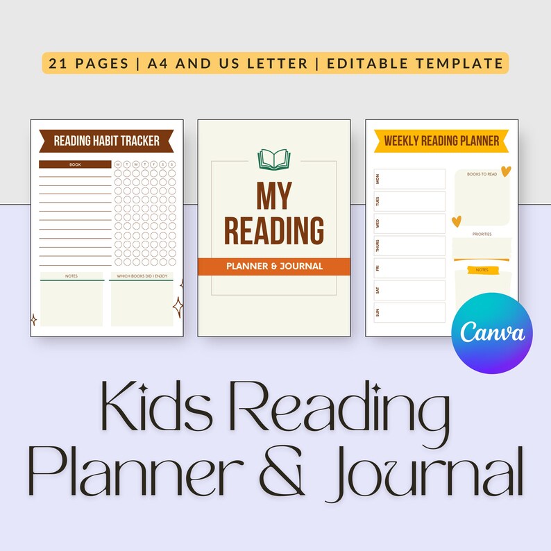 Kids Reading Planner and Journal Editable Canva Templates Printable ...