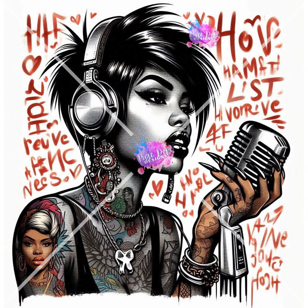 Melanin Black Woman With Short Edgy Hair Holding Mic Long Nails Hoops ...