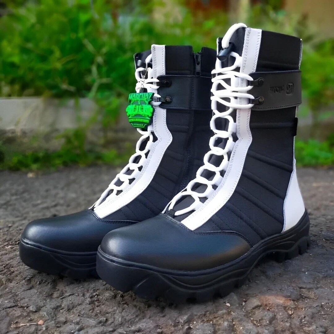Handmade Leather Combat Boots: Black & White Tactical Hiking Shoes - Etsy