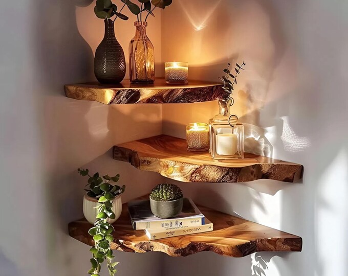 Handcrafted Teak Root Corner Shelf | Rustic Live Edge Floating Wood - Etsy