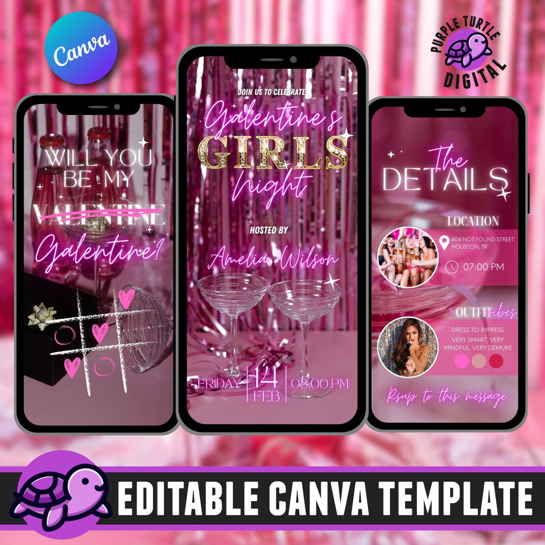 Galentine's Girls Night Invitation Canva Template, Digital Pink ...