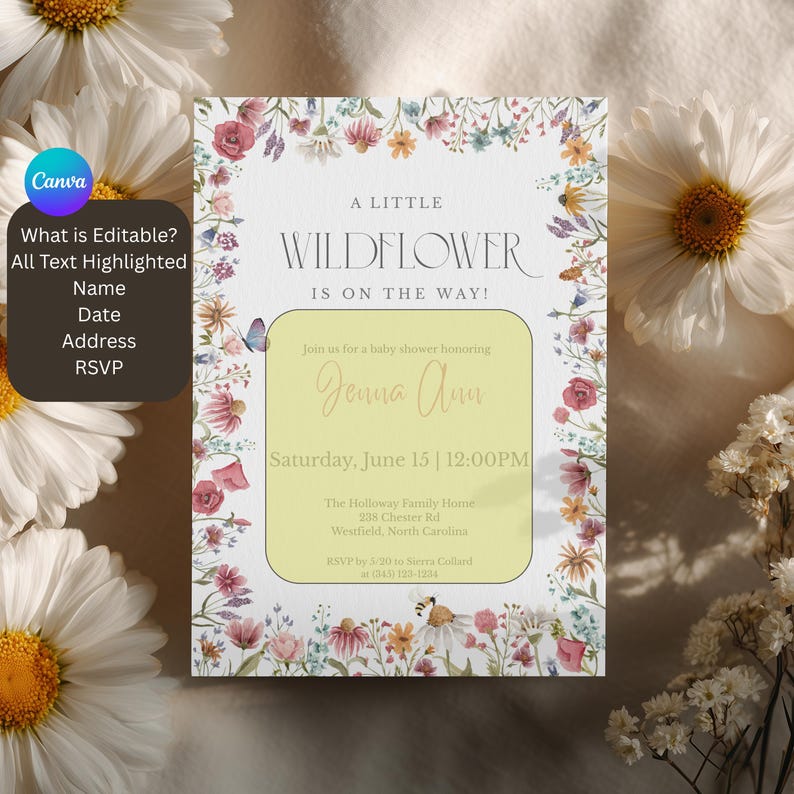 Wildflower Baby Shower Invitation Template – Editable in Canva - Etsy