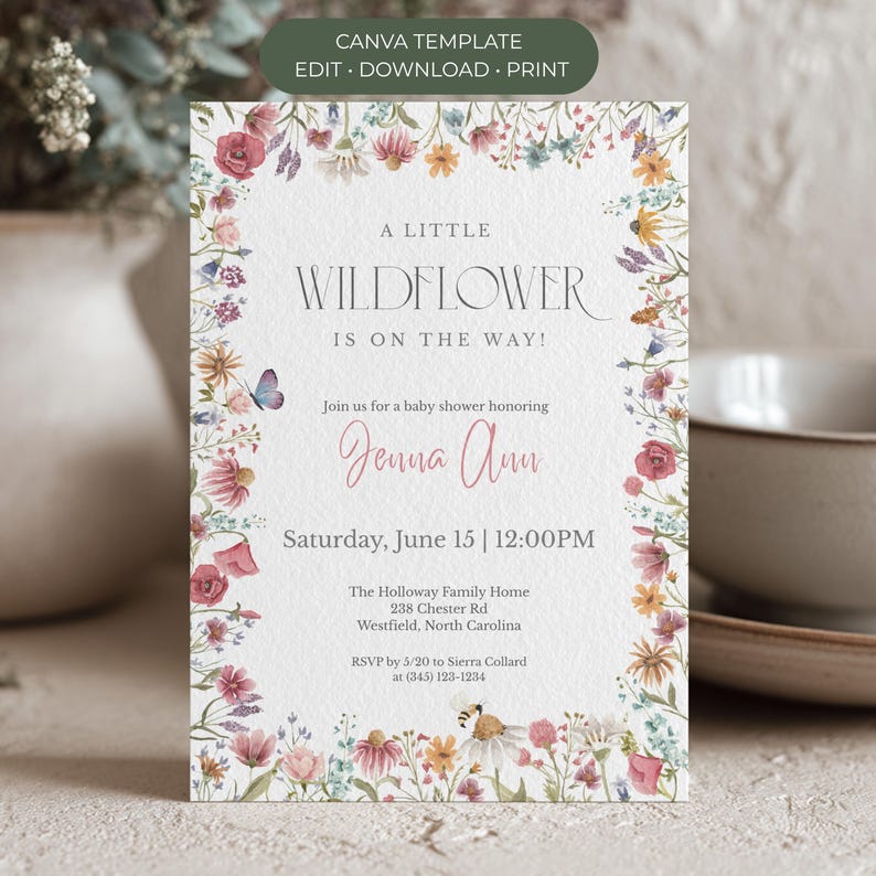 Wildflower Baby Shower Invitation Template – Editable in Canva - Etsy