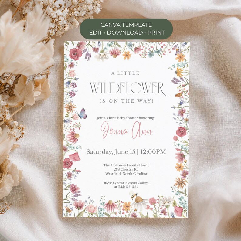Wildflower Baby Shower Invitation Template – Editable in Canva - Etsy