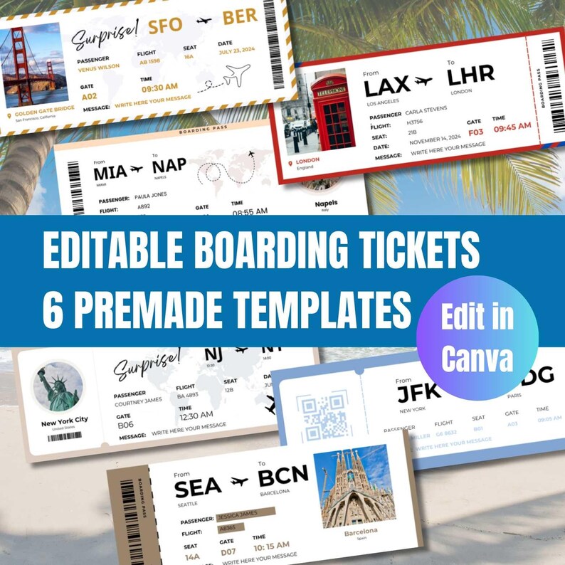 6 Editable Boarding Pass Templates, Canva Template, Boarding Ticket ...