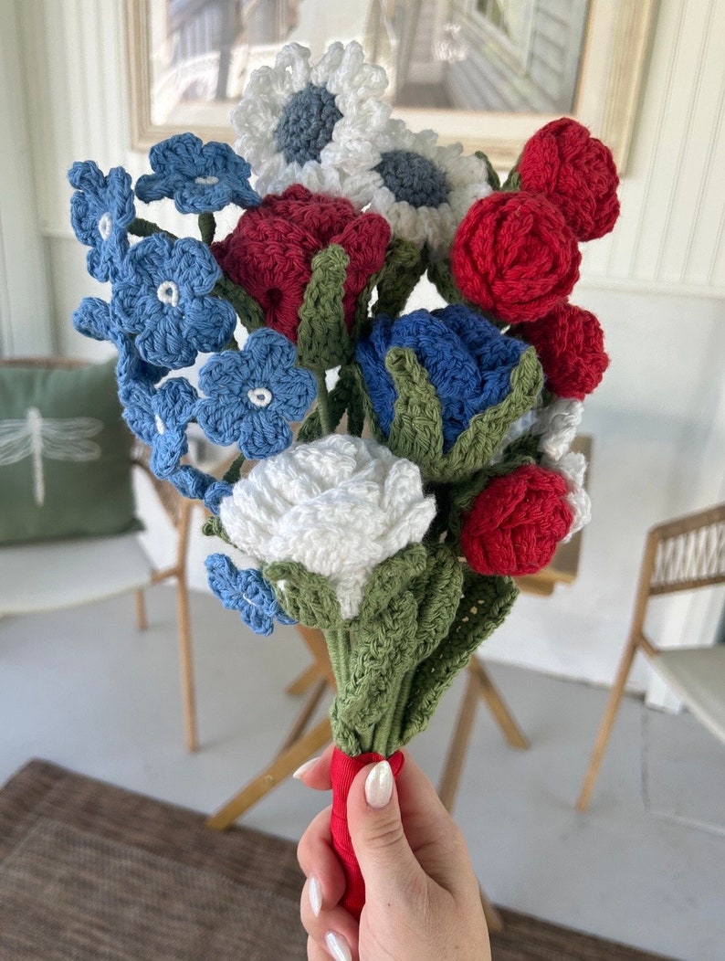 Crochet Flower Bouquet, Red White and Blue Flowers, USA Decor, Fake ...