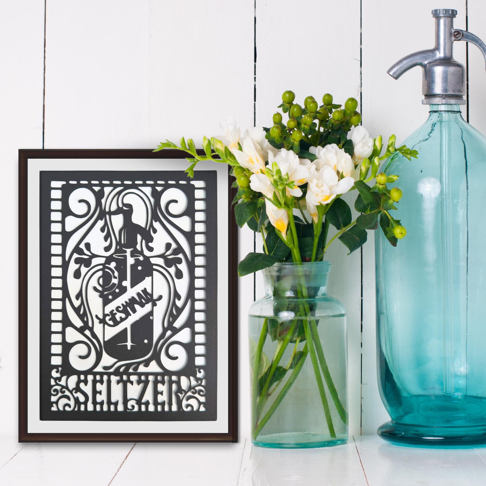 Vintage Seltzer Bottle Papercut Art Yiddish-inspired Decor, White or ...