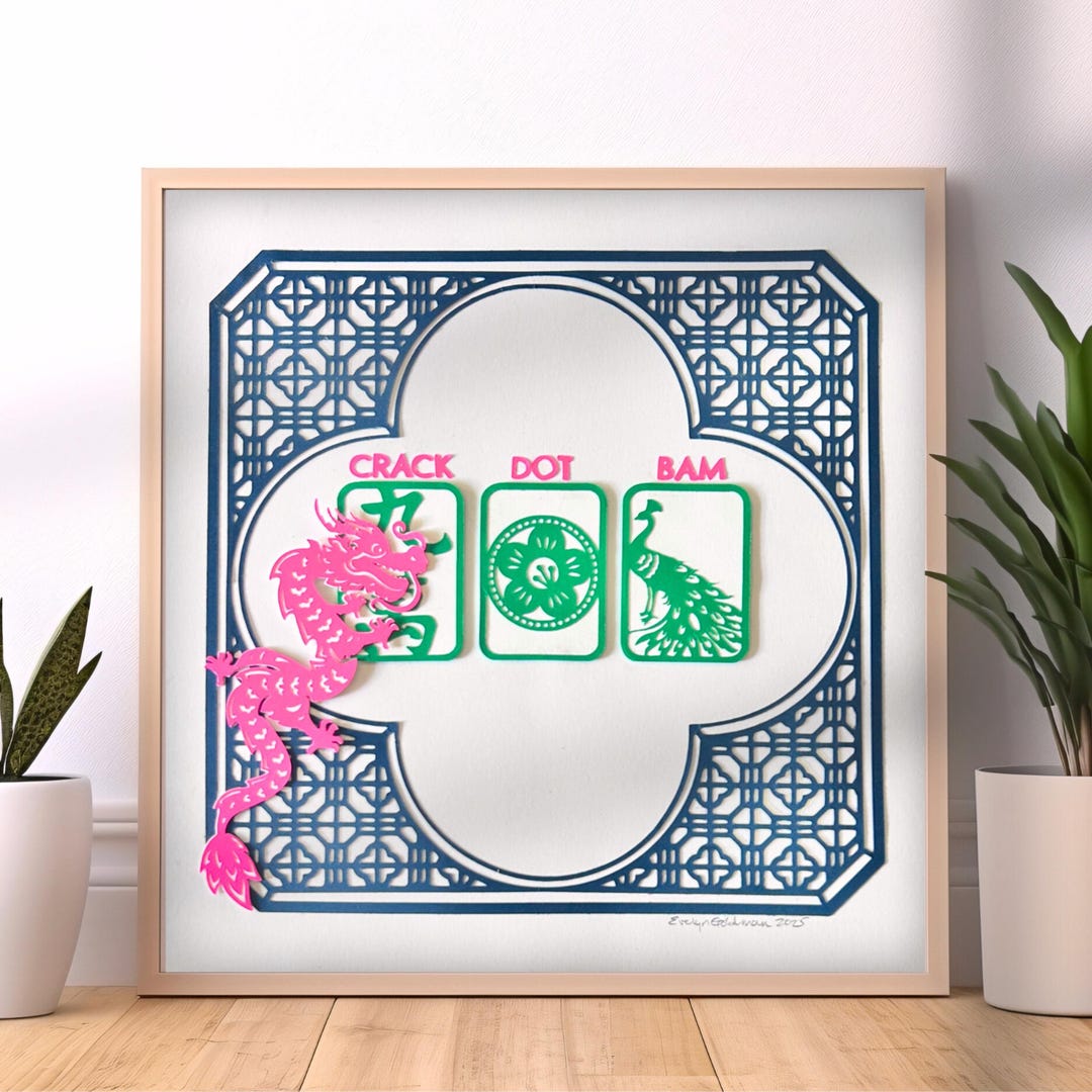 Mahjong Wall Art – Preppy Grand Millennial Dragon Papercut, Game Room ...