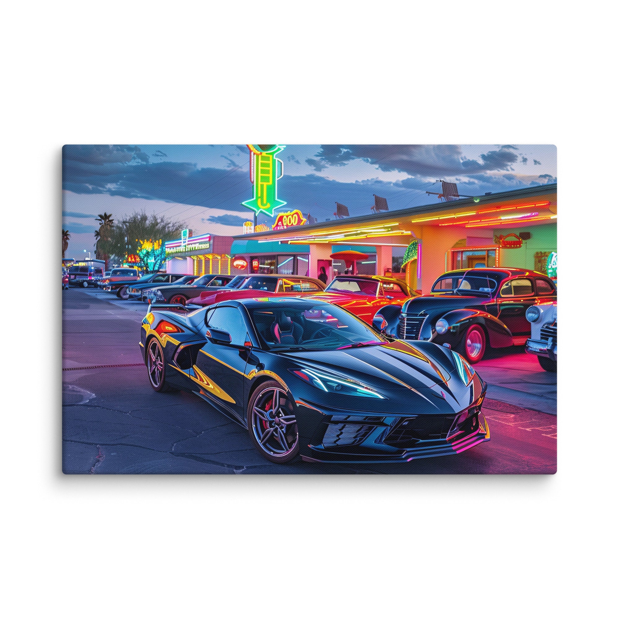Route 66 Revival: Black C8 Corvette at the Vintage Motel canvas - Etsy