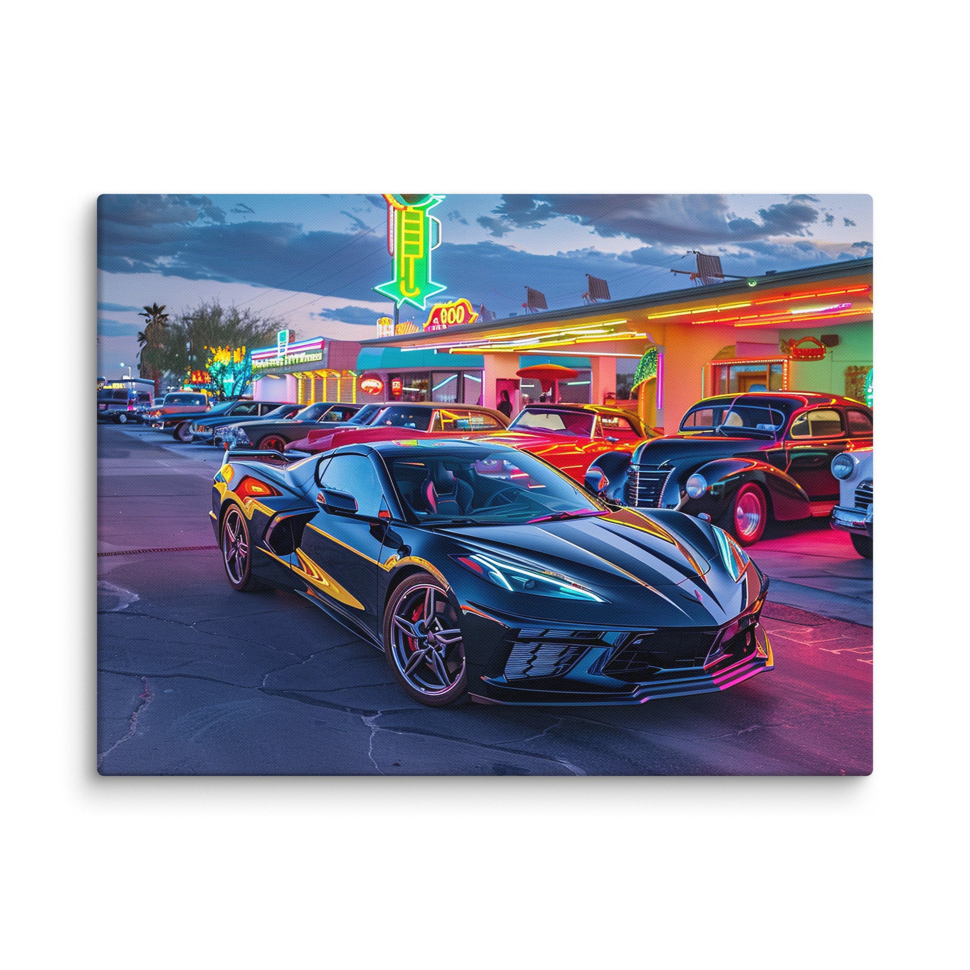 Route 66 Revival: Black C8 Corvette at the Vintage Motel canvas - Etsy