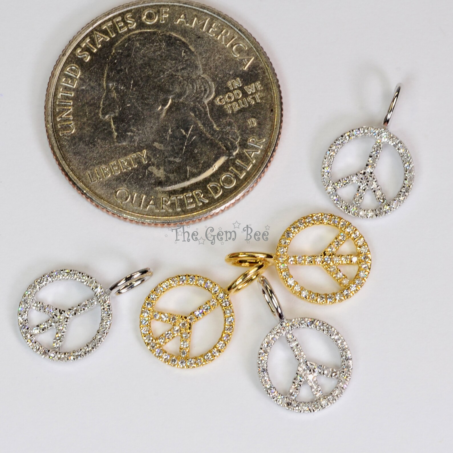 9.5mm 14K Solid Yellow Gold Diamond Peace Sign Charm Necklace | Etsy