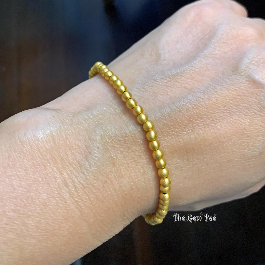 3.5mm 18K Yellow Gold Handmade Matte Finish off Round Bead Stretchy ...