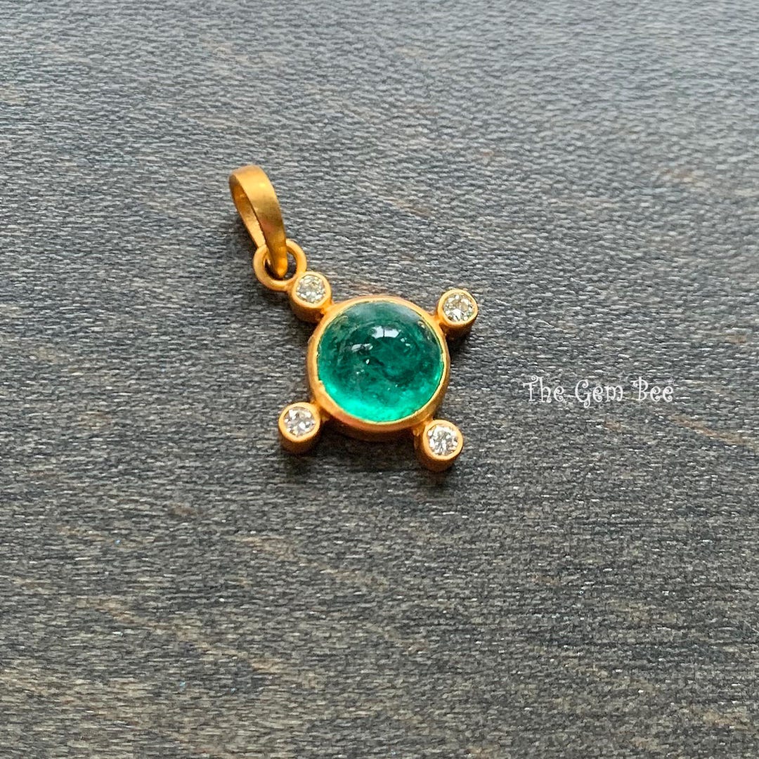 18K Solid Yellow Gold Diamond 1.55CT Sugar Loaf Emerald Cabochon Bezel ...