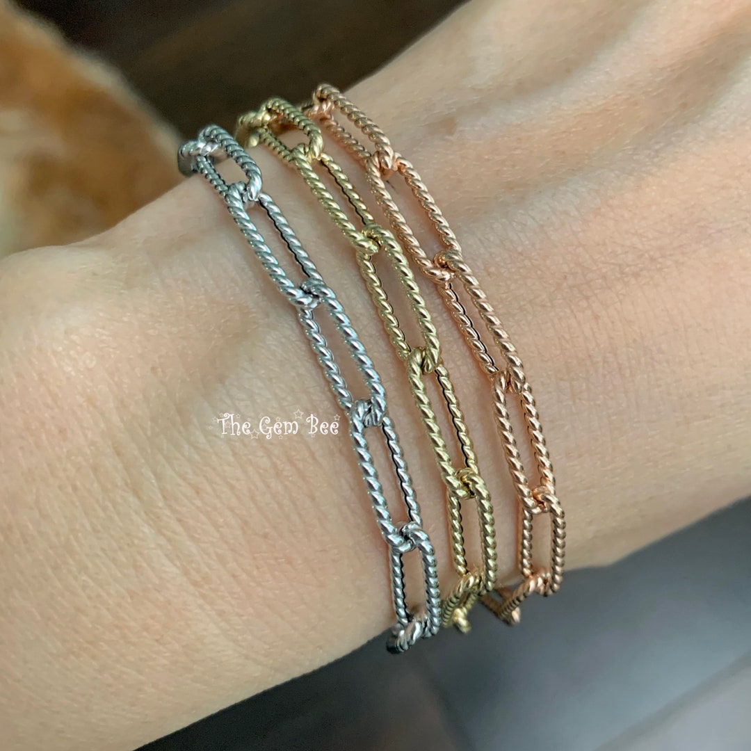 14K SOLID Yellow White Rose GOLD Italian Twisted Paperclip Chain ...